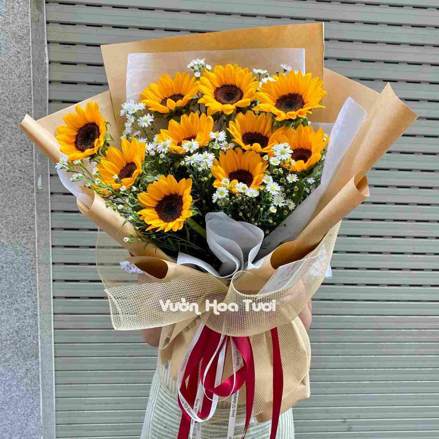 Bó Hoa Hướng Dương Và Hoa Hồng Cúc Xanh